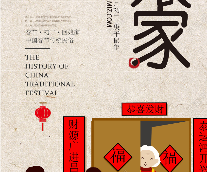 棕色中国风浅几何正月初二回娘家手机大年初一到初七春节习俗2海报图片下载 觅知网